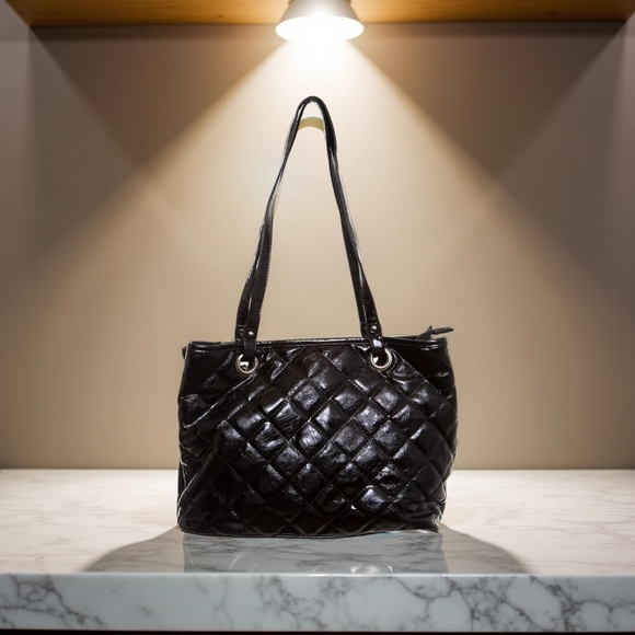 Source Unknown | Bags | Tina Black Quilted Tote Bag With A Glossy ...